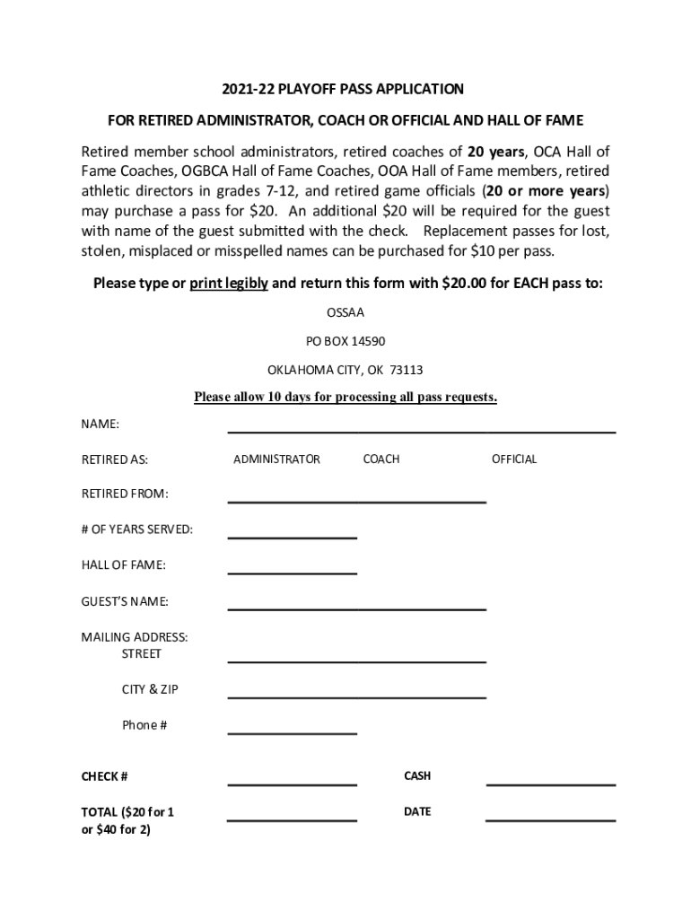 Fillable Online Fillable Online Passes Form For Retired Ossaa School ...