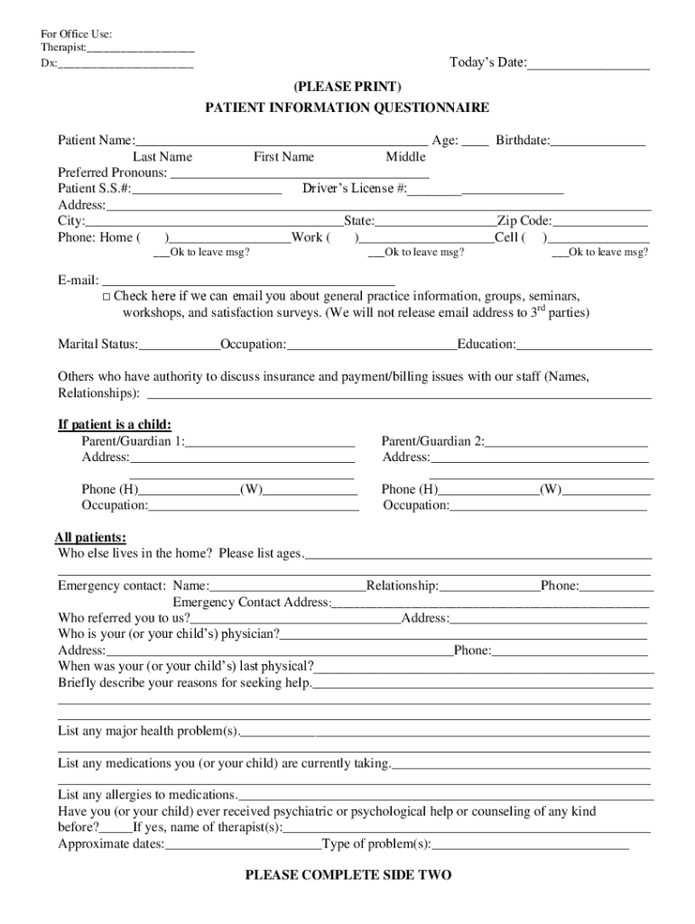 Fillable Online (PLEASE PRINT) PATIENT INFORMATION QUESTIONNAIRE Fax ...