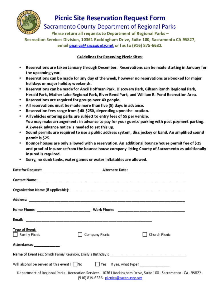 Fillable Online Picnic Site Reservation Request Form - Regional Parks ...
