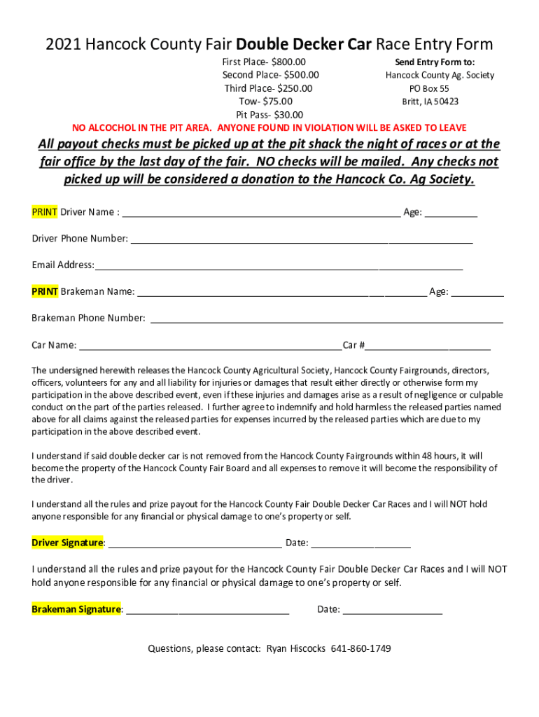 Fillable Online 2021 Hancock County Fair Double Decker Car Race Entry ...