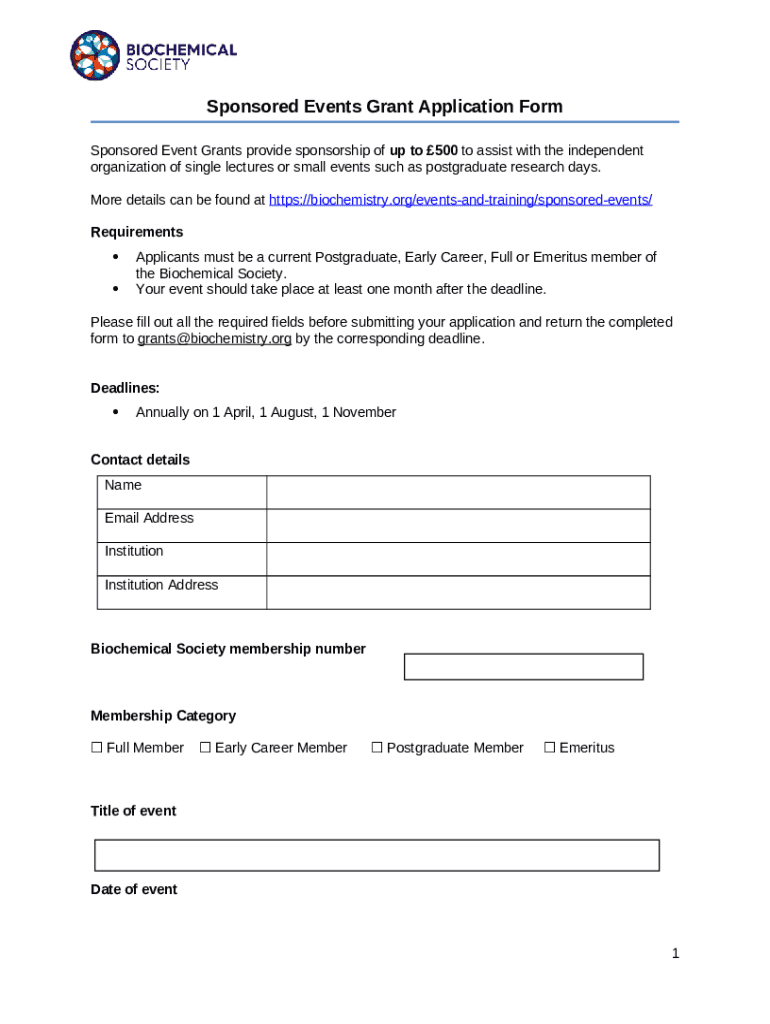 Sponsored Events Grant Application Doc Template | pdfFiller