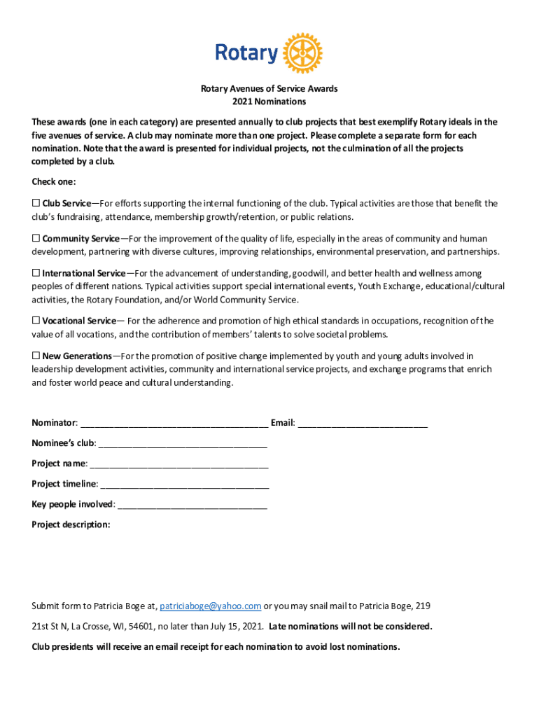Fillable Online Rotary Avenues of Service Award Nomination Fax Email ...
