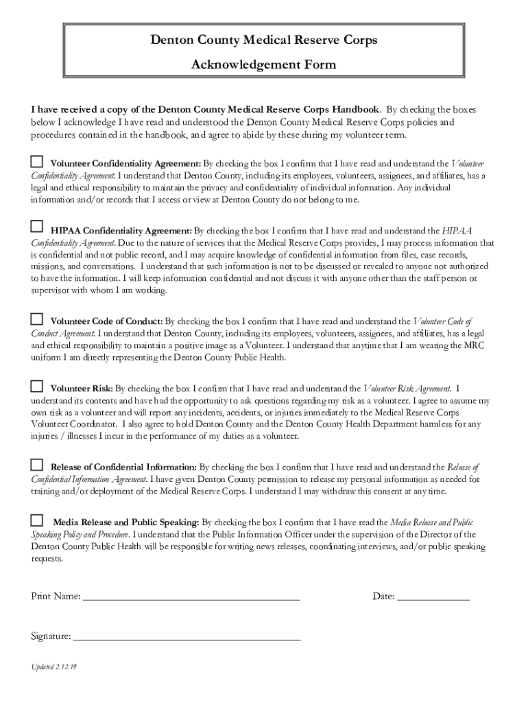 Fillable Online Denton County Medical Reserve Corps Acknowledgement Form Fax Email Print - pdfFiller