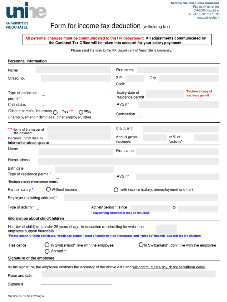 Fillable Online Form for income tax deduction (witholding tax) - UniNE ...