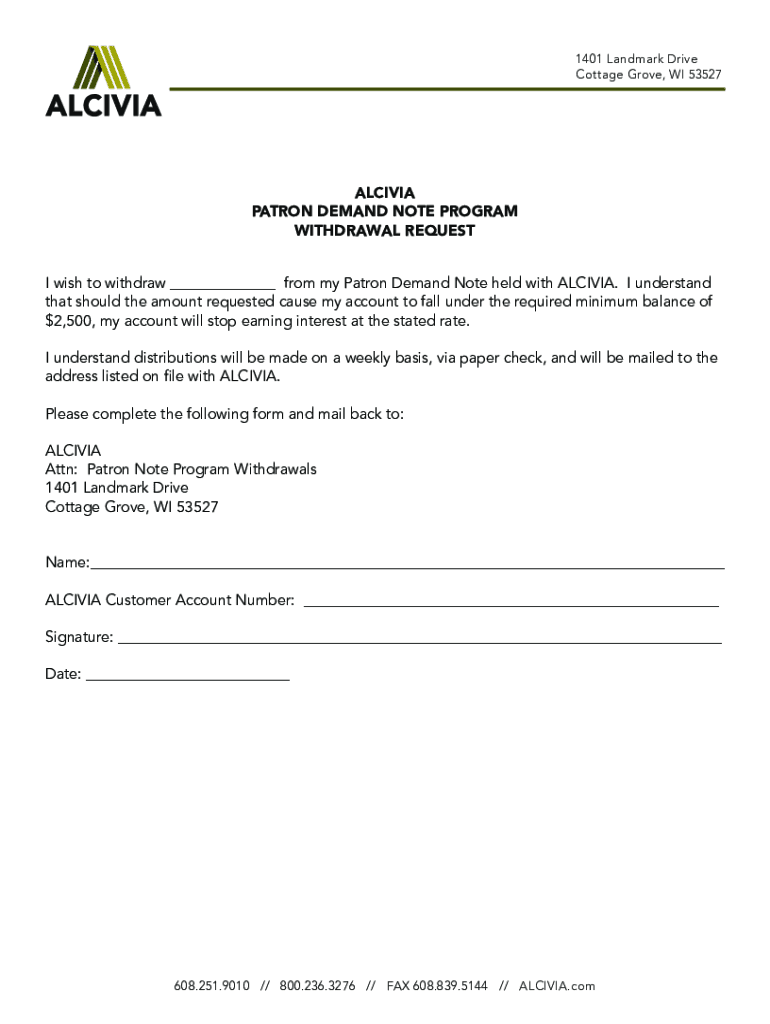 Fillable Online ALCIVIA PATRON DEMAND NOTE PROGRAM WITHDRAWAL REQUEST ...