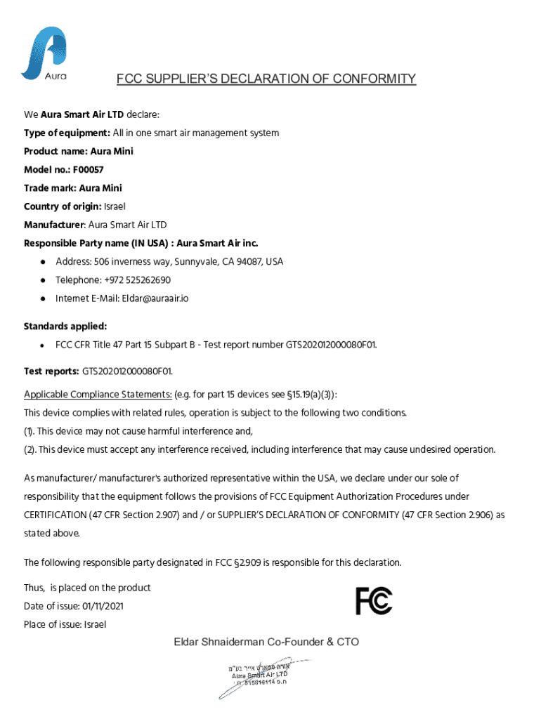 Fillable Online Aura Mini FCC SDoC form Fax Email Print - pdfFiller