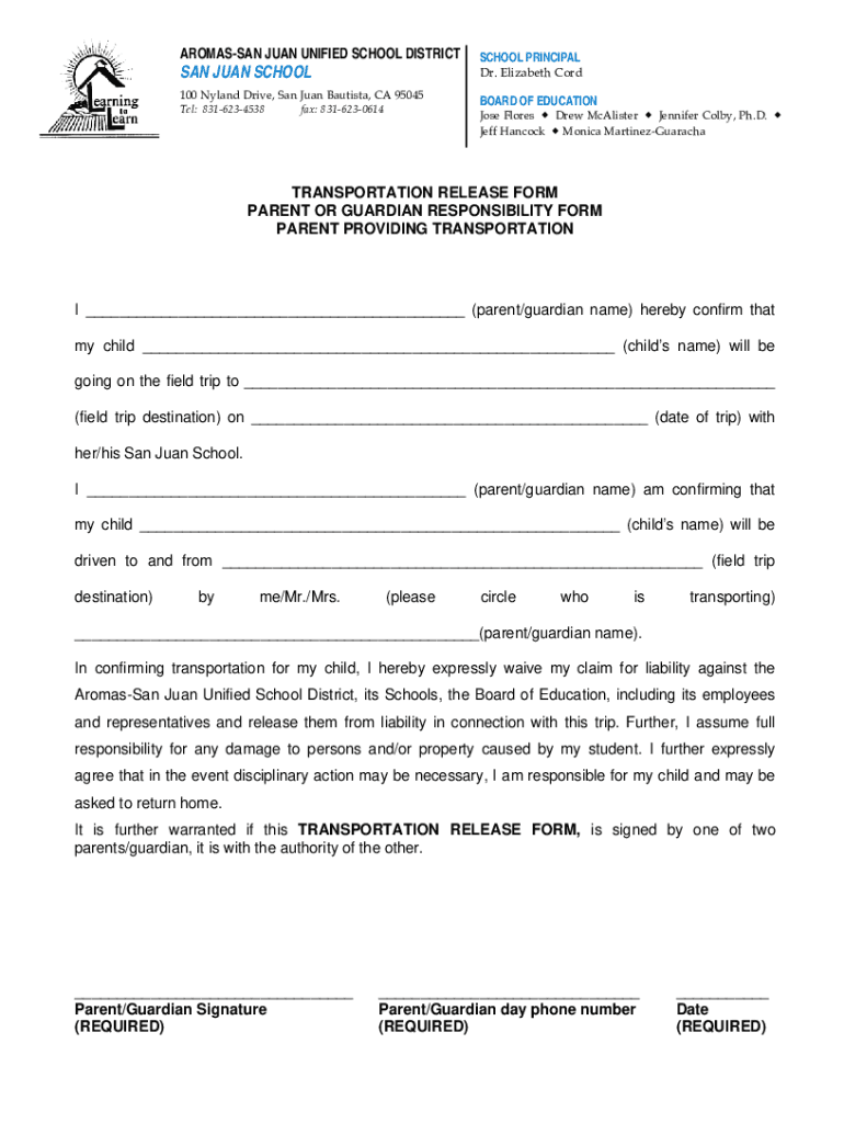 Fillable Online Transportation Release form SJ Fax Email Print - pdfFiller