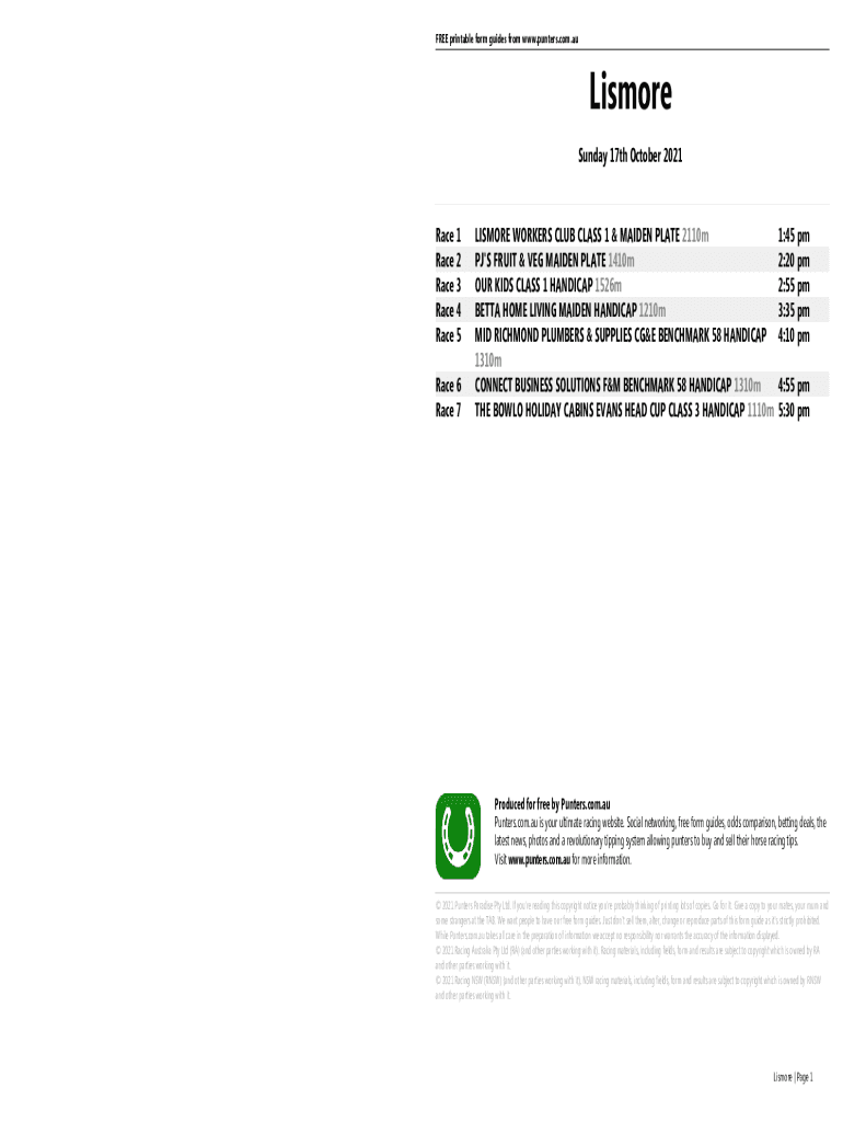 Fillable Online Lismore Printable Form Guide - Sunday 17th October 2021 ...