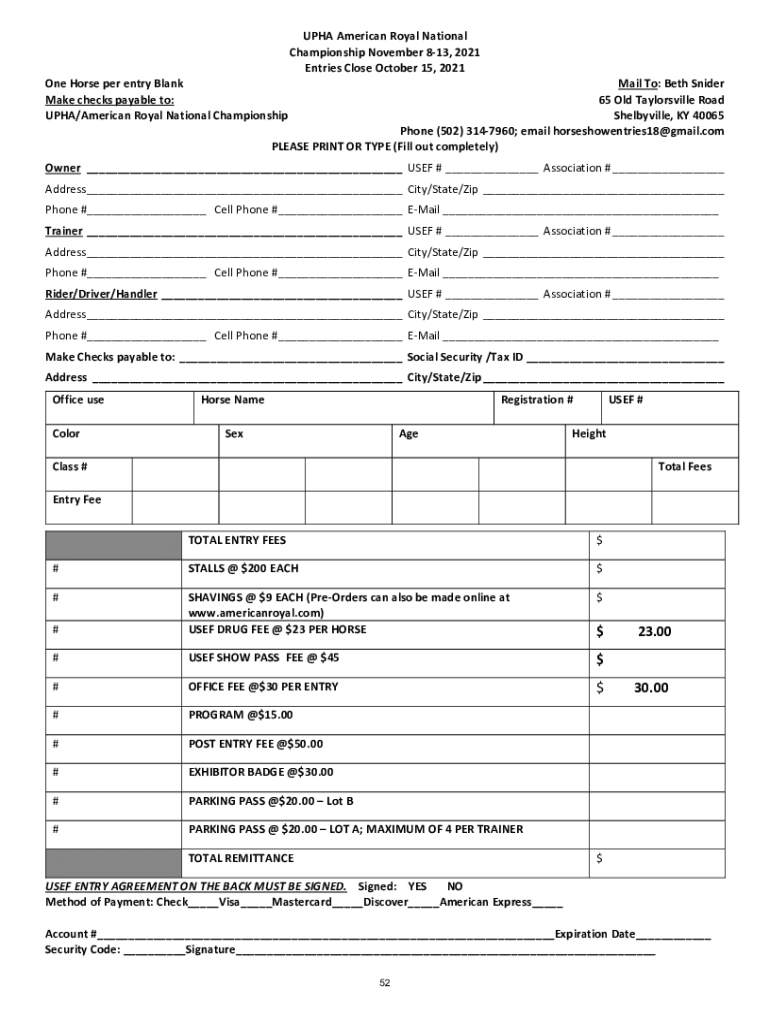 Fillable Online UPHA American Royal National Championship November 8-13 ...