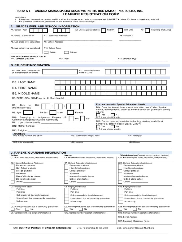 Fillable Online FORM A-1 ANANDA MARGA SPECIAL ACADEMIC INSTITUTION ...