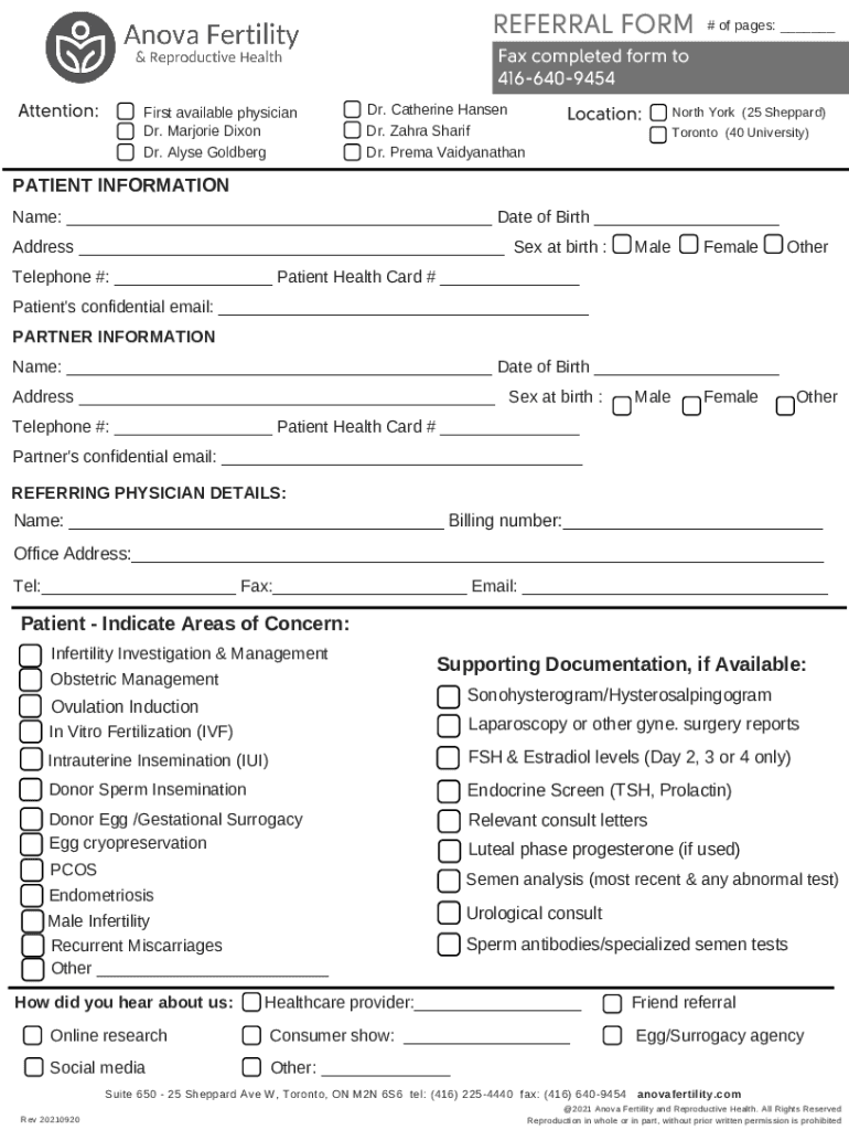 Fillable Online Get the free Anova Fertility Physician Referral. Referral Form Fax Email Print ...