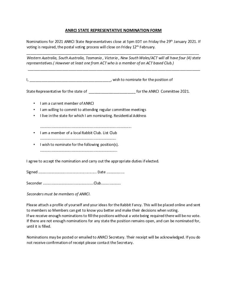 Fillable Online ANRCI STATE REPRESENTATIVE NOMINATION FORM Fax Email ...