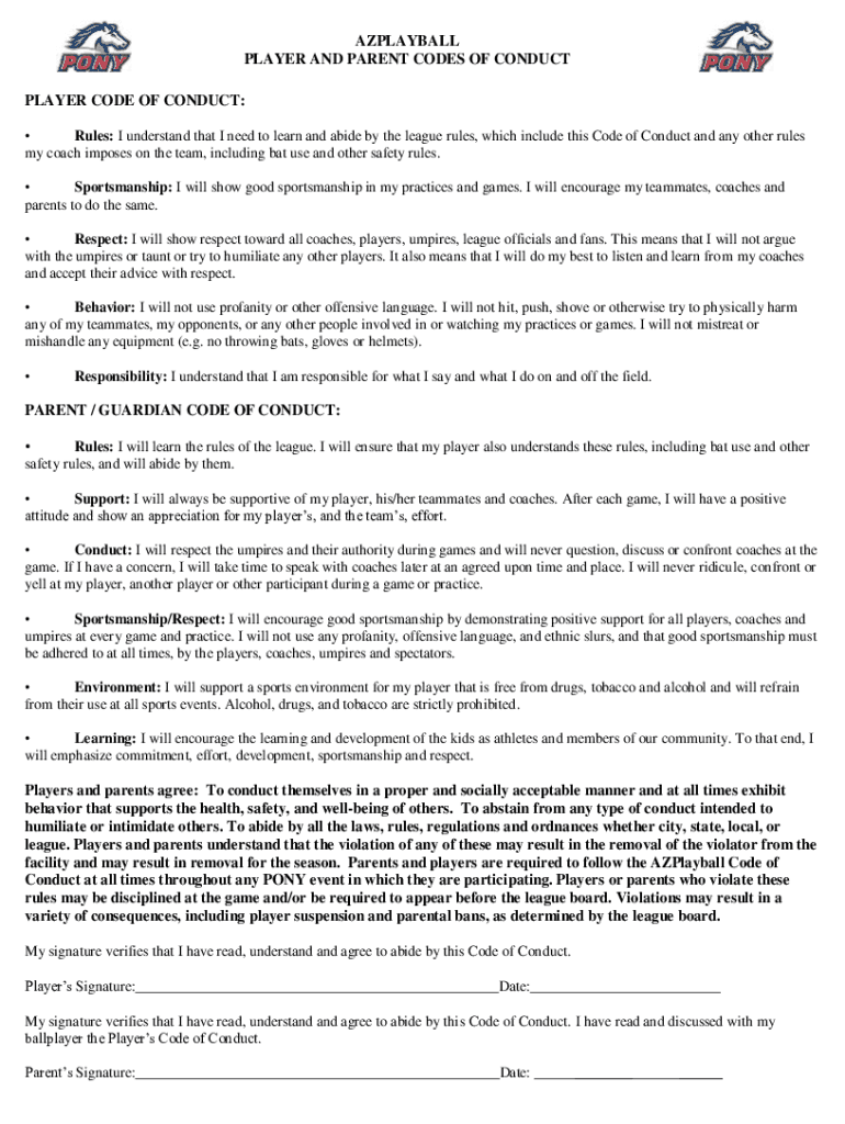 Fillable Online ARIZONA STATE TOURNAMENT PLAYER AND PARENT CODES OF ...