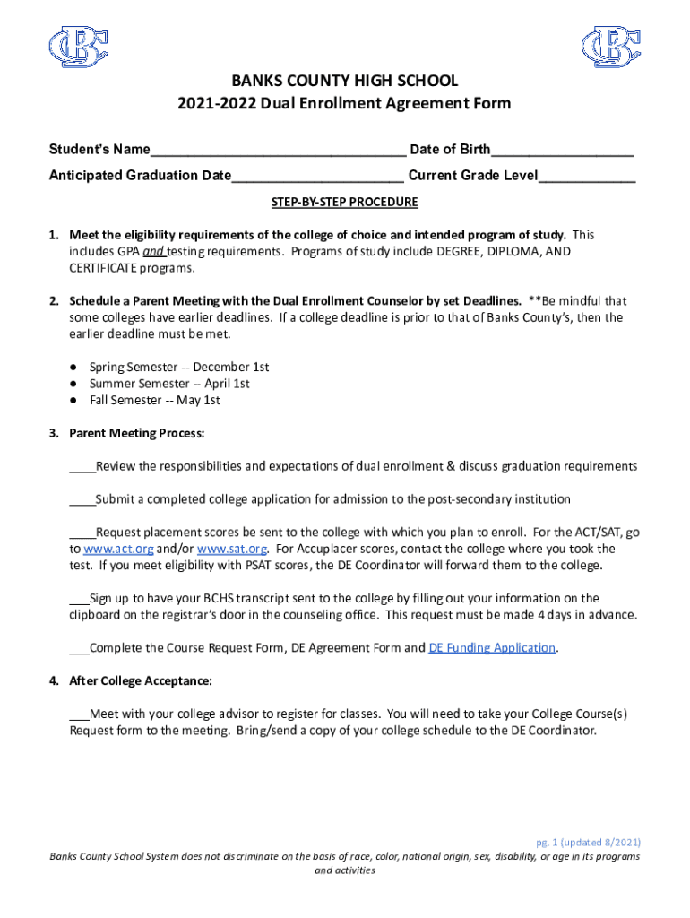 Fillable Online 2021-22 Dual Enrollment Agreement Form Fax Email Print - pdfFiller