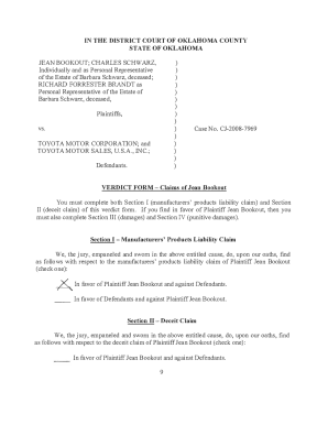 Fillable Online Toyota SUA Verdict Form - Claims of Jean Bookout Fax ...