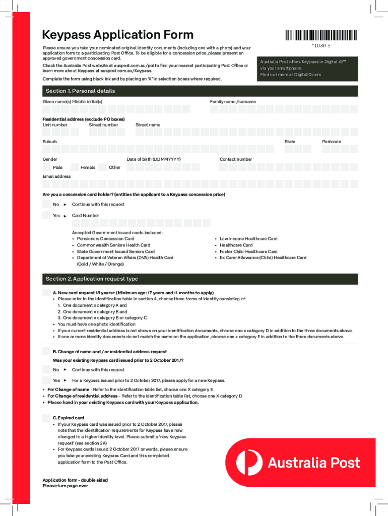 2021 2025 AU Post Keypass ID Card Application Form Fill Online
