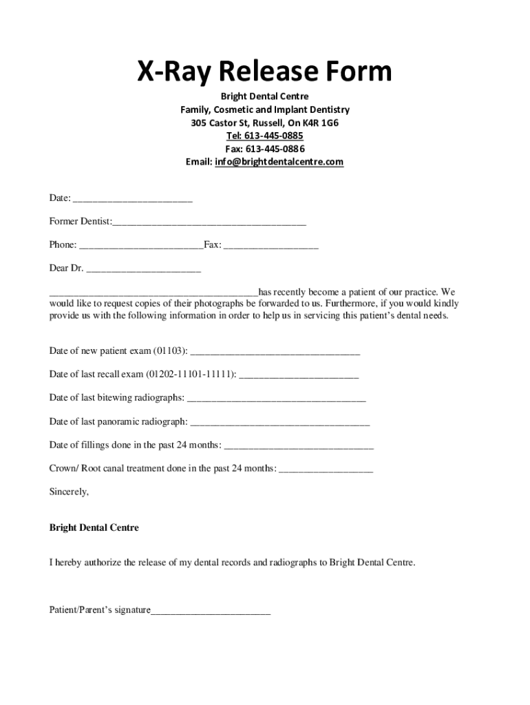 Fillable Online X-Ray Release Form - brightdentalcentre.com Fax Email ...