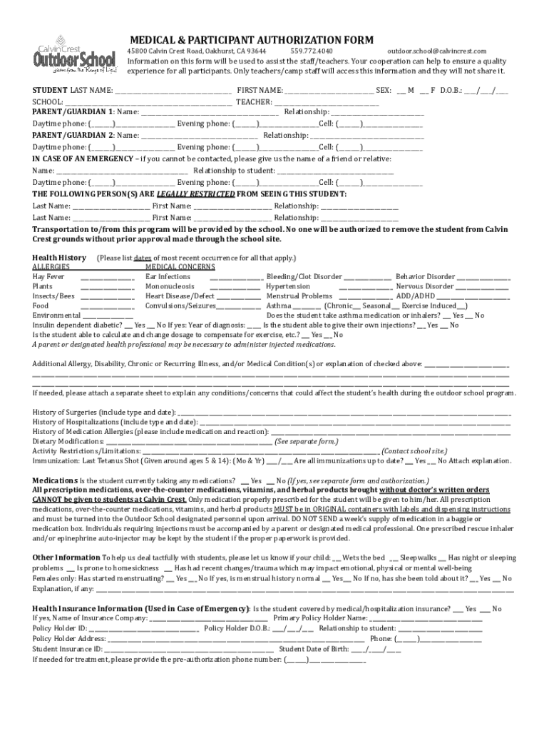 Fillable Online Fillable Online MEDICAL & PARTICIPANT AUTHORIZATION ...