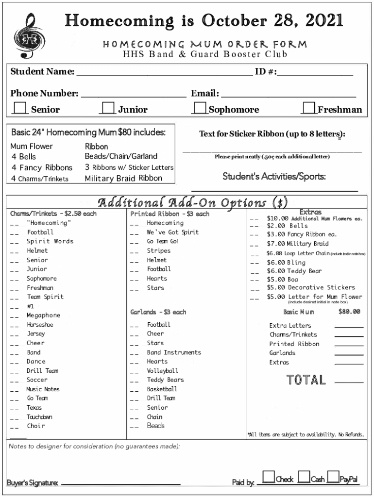 Fillable Online Homecoming Mum Order Form - canenationband.com Fax ...