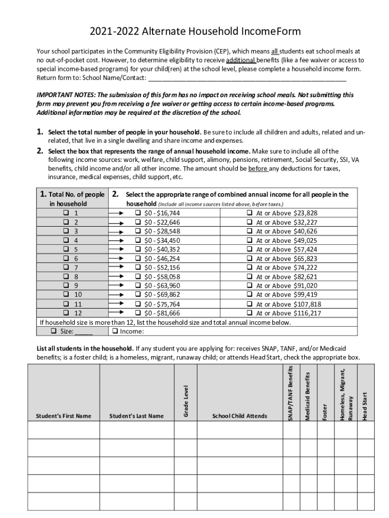 Fillable Online 2021-22 Alternate Household Income Form Complete one ...