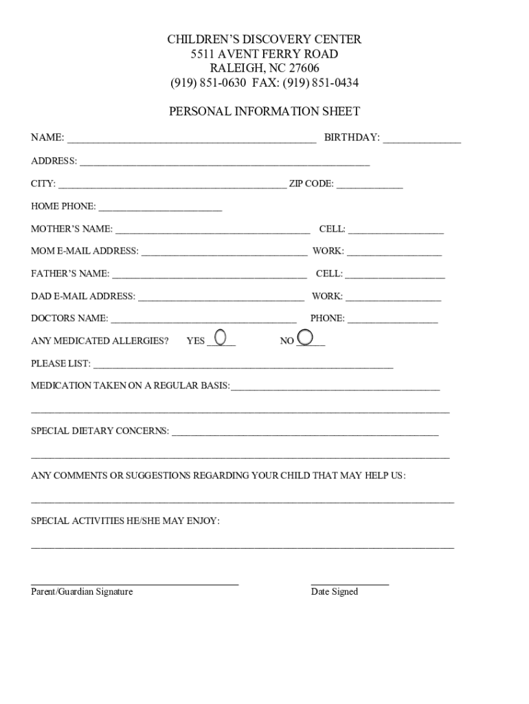 Fillable Online Child Personal Information Form Fax Email Print - pdfFiller