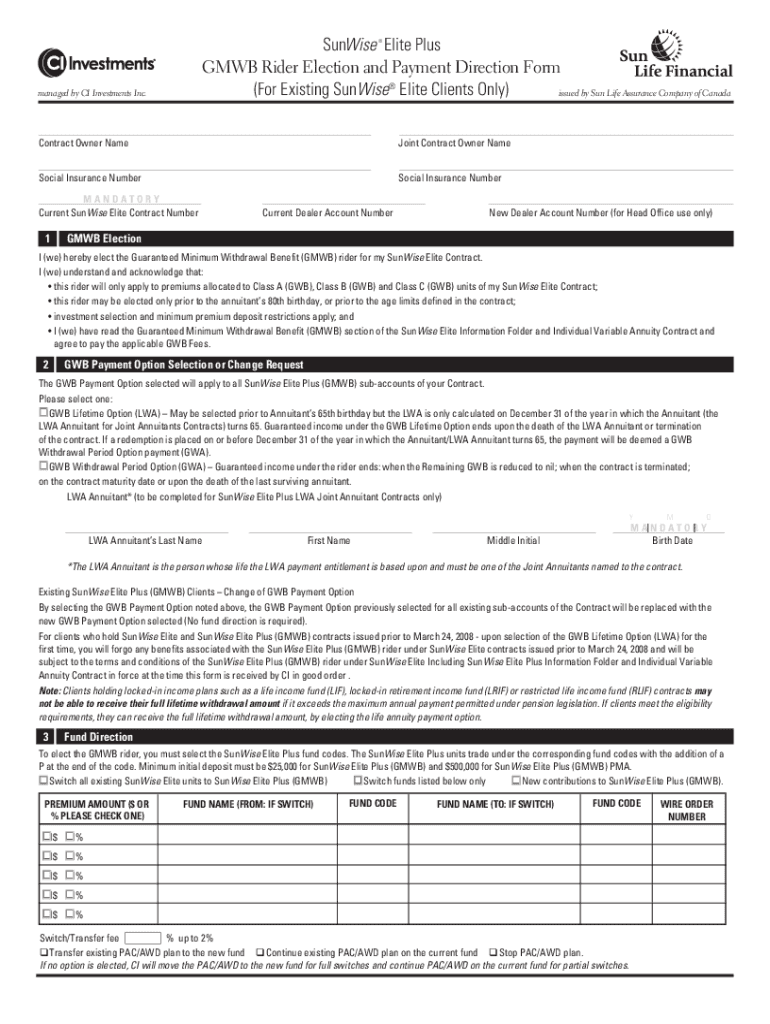 Fillable Online GMWB Rider Election and Payment Direction Form - CI ...
