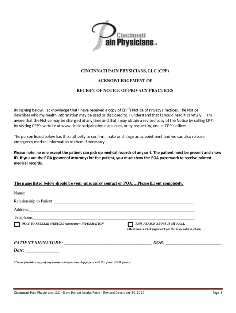 Fillable Online CINCINNATI PAIN PHYSICIANS, LLC (CPP) ACKNOWLEDGEMENT OF ... Fax Email Print ...