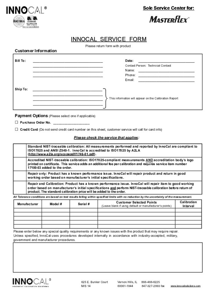 Fillable Online INNOCAL SERVICE FORM Fax Email Print - pdfFiller