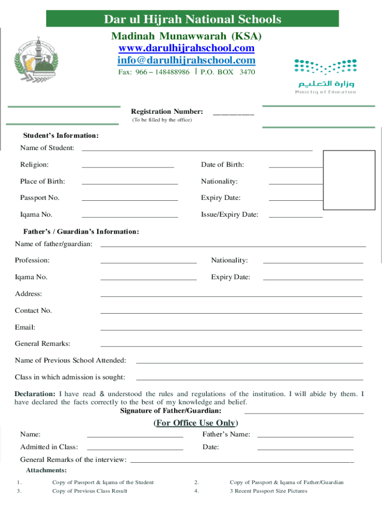 Fillable Online Dar ul Hijrah Pakistani National School & College ...