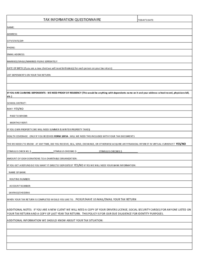 Fillable Online TAX DROP OFF QUESTIONNAIRE TODAY'S DATE: NAME: ADDRESS ...