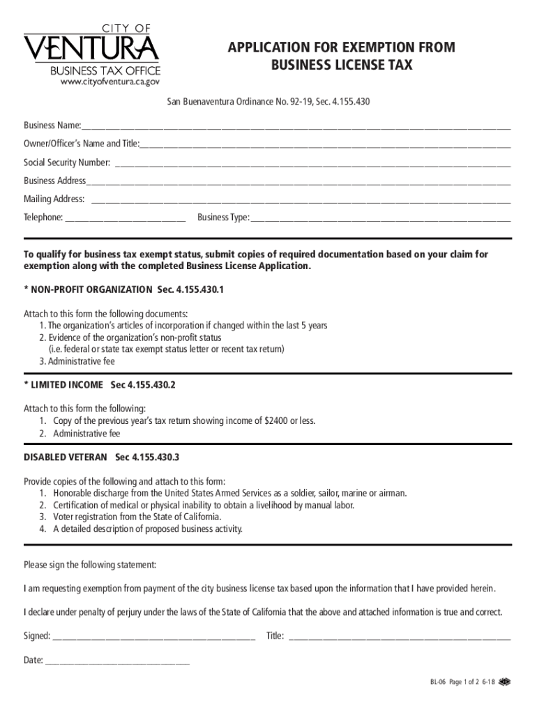 Fillable Online Application for Exemption from Business License Tax ...