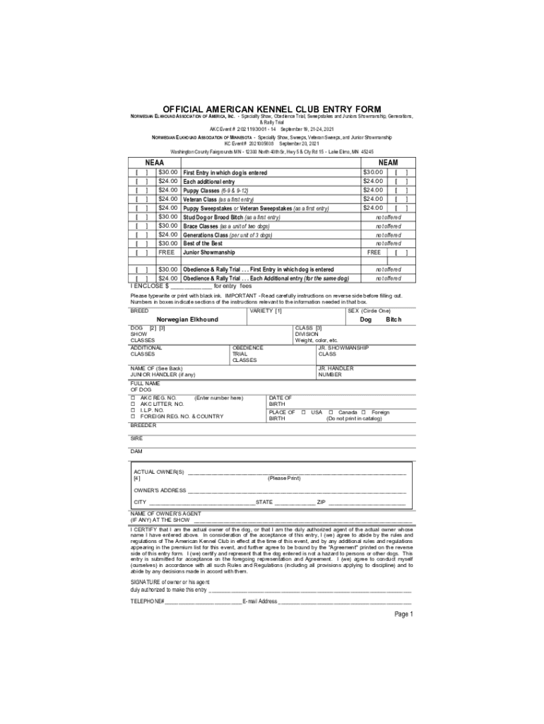 Fillable Online Fillable Online OFFICIAL AMERICAN KENNEL CLUB ENTRY ...