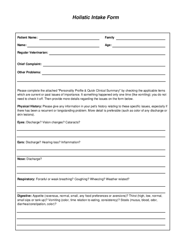 Fillable Online Holistic Intake Form - Veterinarian in Spartanburg, SC ...