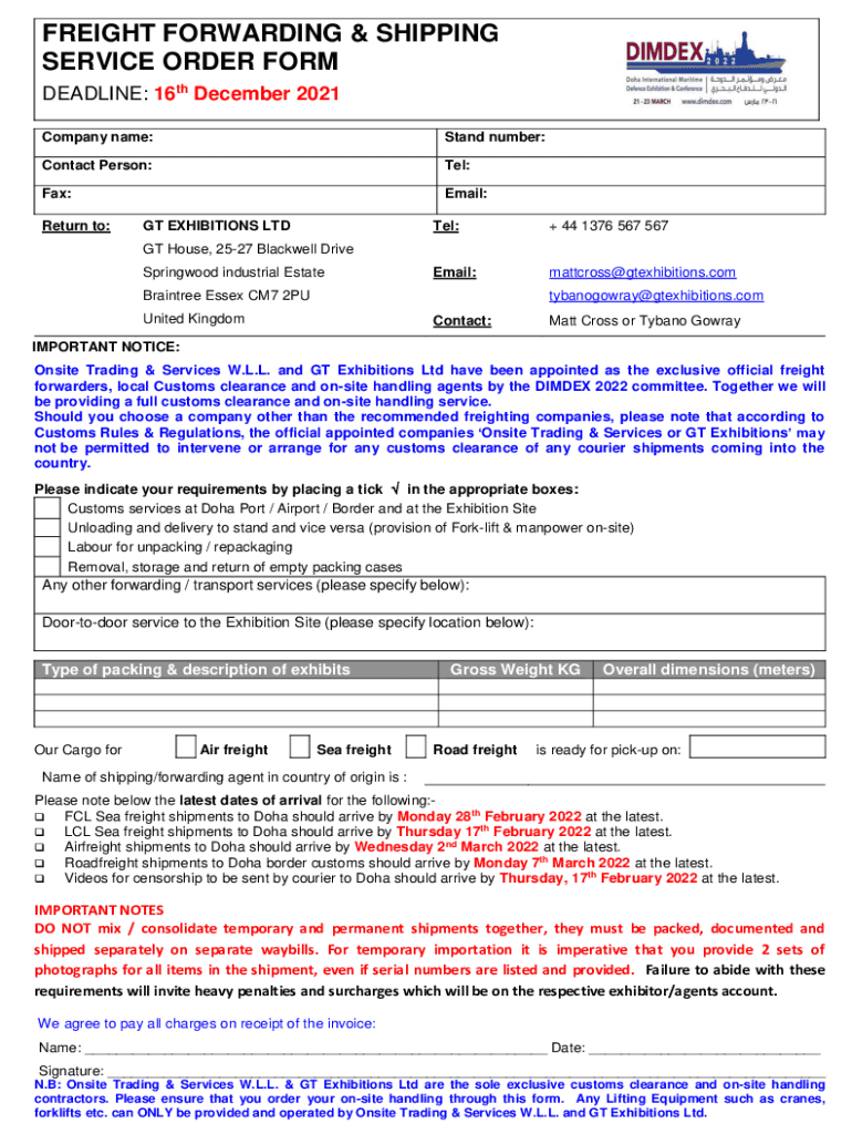 Fillable Online FREIGHT FORWARDING & SHIPPING SERVICE ORDER FORM Fax ...