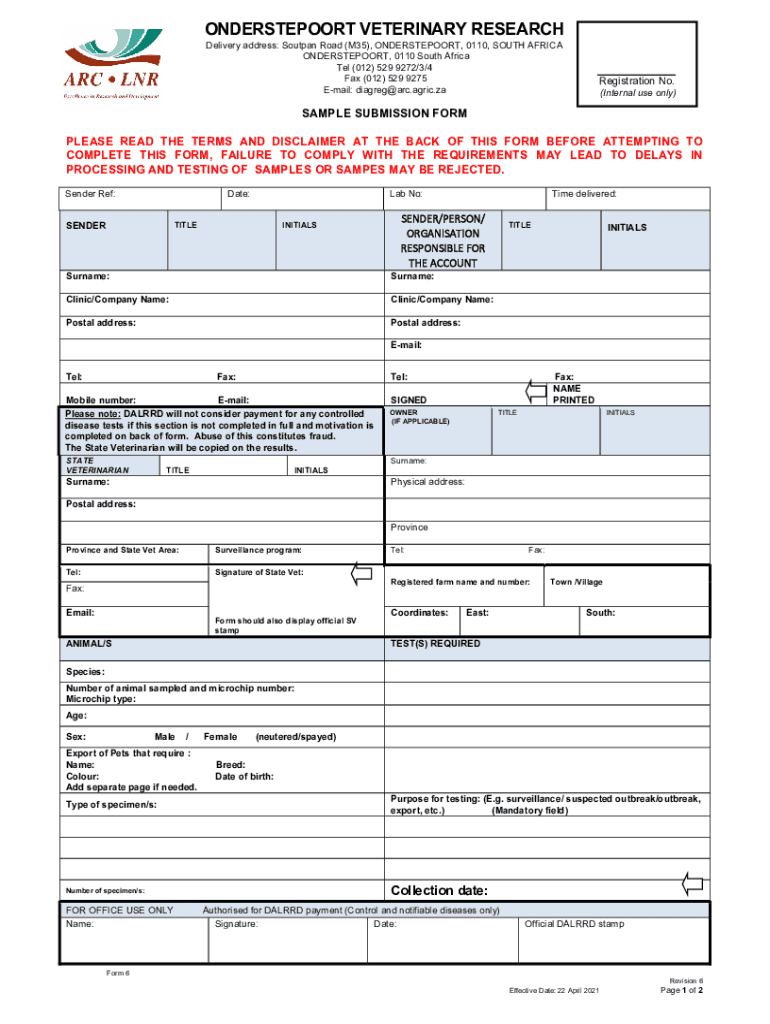 Fillable Online Sample Submission Form.doc - ONDERSTEPOORT VETERINARY ... Fax Email Print ...
