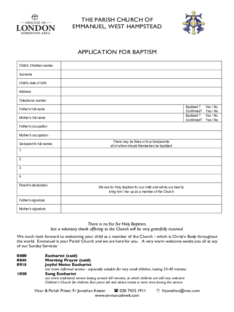 Fillable Online Click here to download our Baptism application form ...