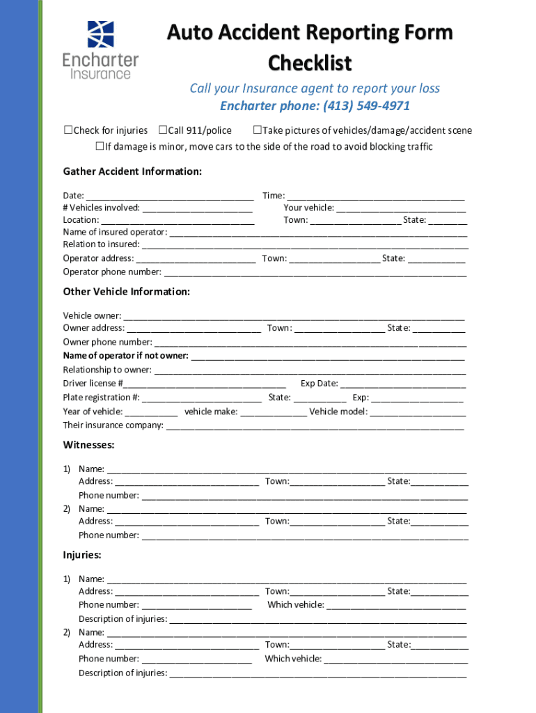 Fillable Online Auto Accident Reporting Form Checklist - encharter.com ...
