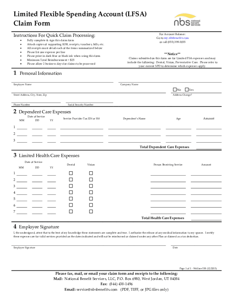 Fillable Online Limited Flexible Spending Account Claim Form For Dental ...