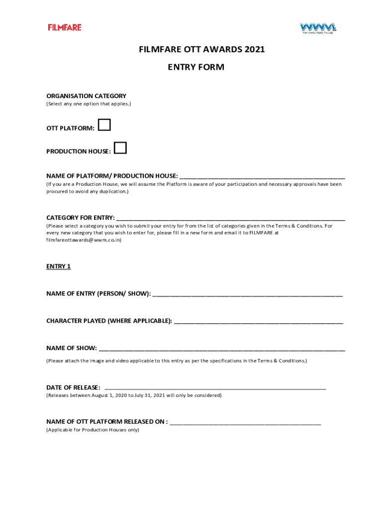 Fillable Online FILMFARE OTT AWARDS 2021 ENTRY FORM Fax Email Print ...