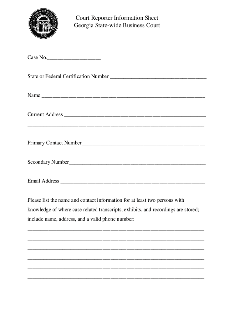 Fillable Online Court Reporter Information Sheet Georgia State-wide ...