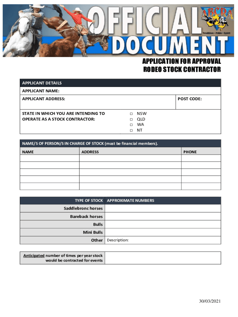 Fillable Online APPLICATION FOR APPROVAL RODEO STOCK CONTRACTOR Fax ...