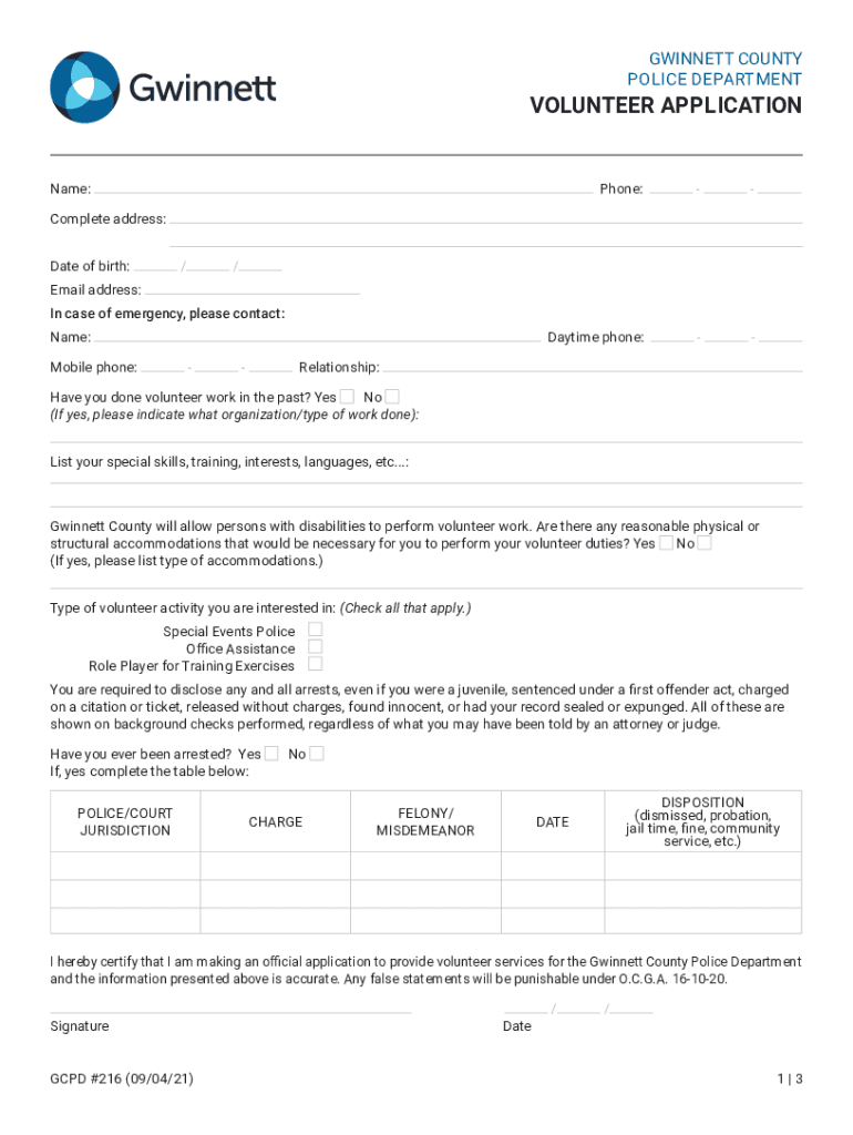 Fillable Online POLICE DEPARTMENT VOLUNTEER APPLICATION PACKET ...