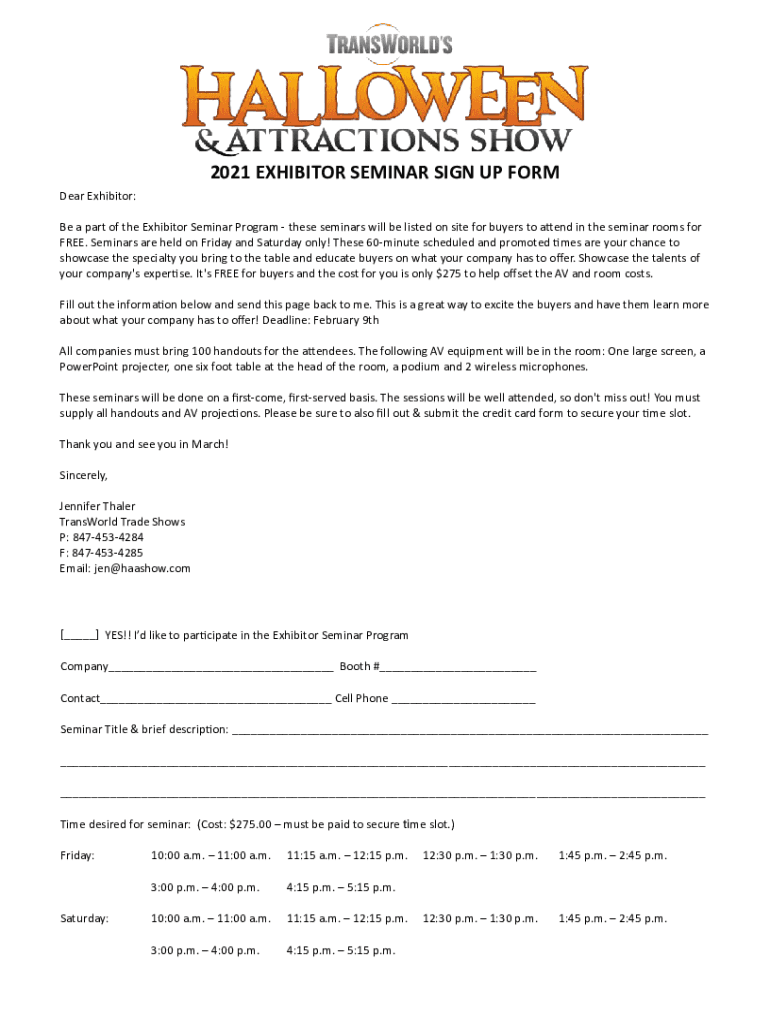 Fillable Online EXHIBITOR SEMINAR SIGN UP FORM Fax Email Print - pdfFiller