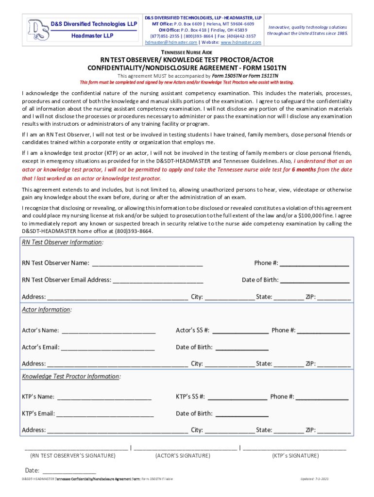 Fillable Online TENNESSEE NURSE AIDE RN TEST OBSERVER/ KNOWLEDGE TEST ...