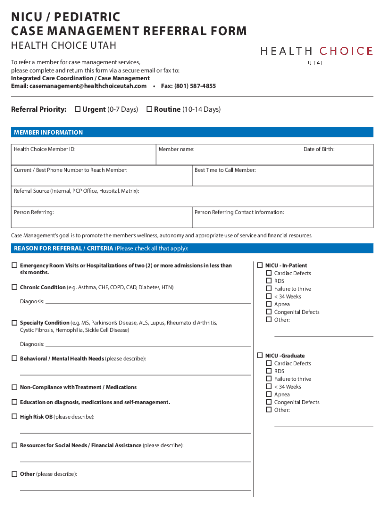 Fillable Online Health Choice Utah NICU / Pediatric Case Management ...