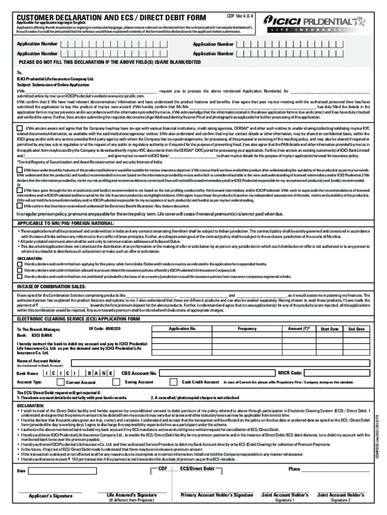 Fillable Online Get the free CUSTOMER DECLARATION AND ECS / DIRECT ...