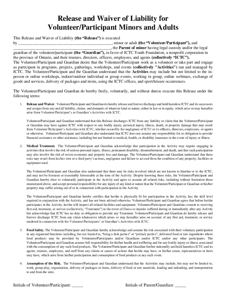 Fillable Online RELEASE AND WAIVER OF LIABILITY FOR ADULTS & MINORS Fax ...