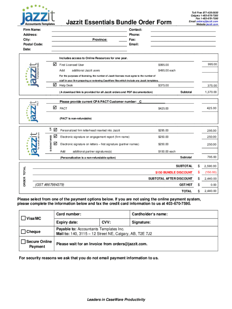 Fillable Online Toll Free 877-420-5930 Jazzit Essentials Bundle Order Form Fax Email Print ...