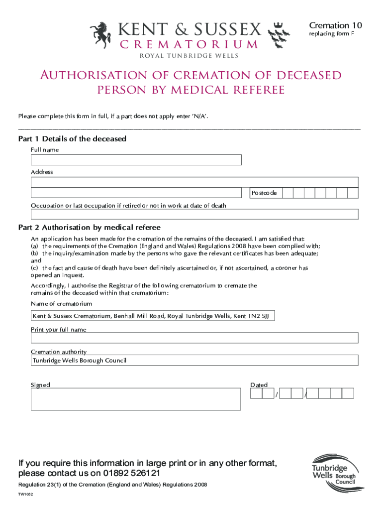 Fillable Online Application for Cremation Form - Kent and Sussex ...