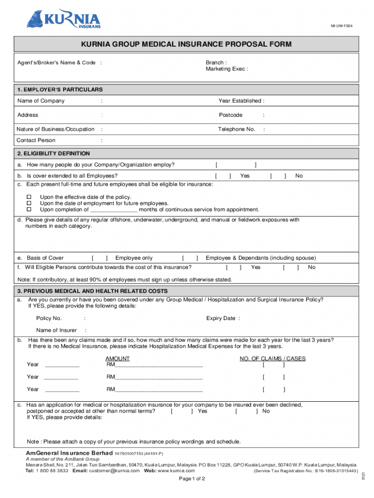 Fillable Online Group Medical Insurance - Proposal Form v1219 Fax Email ...